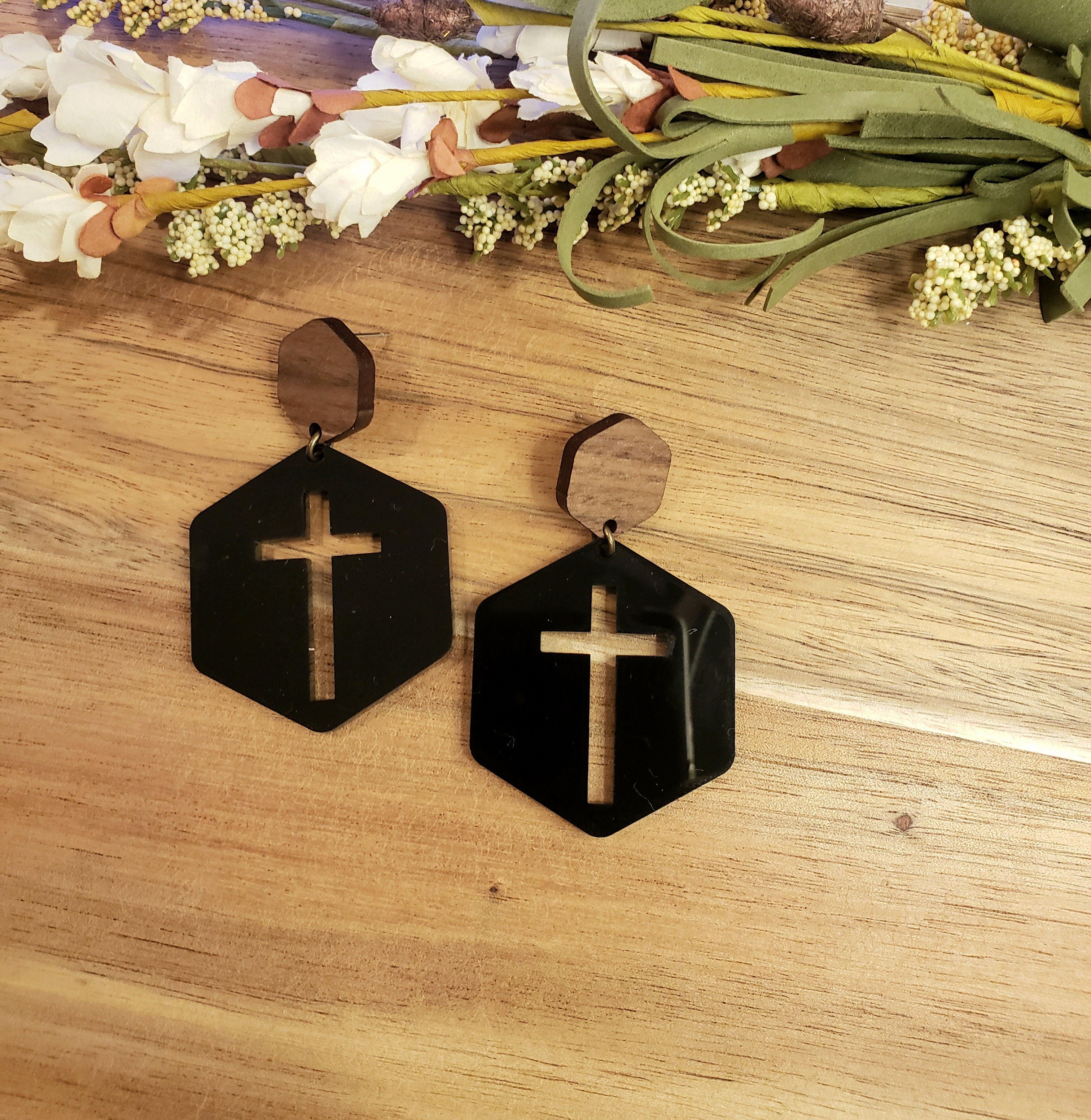Hexagon Cross Earrings - Black – Light of The Lamb